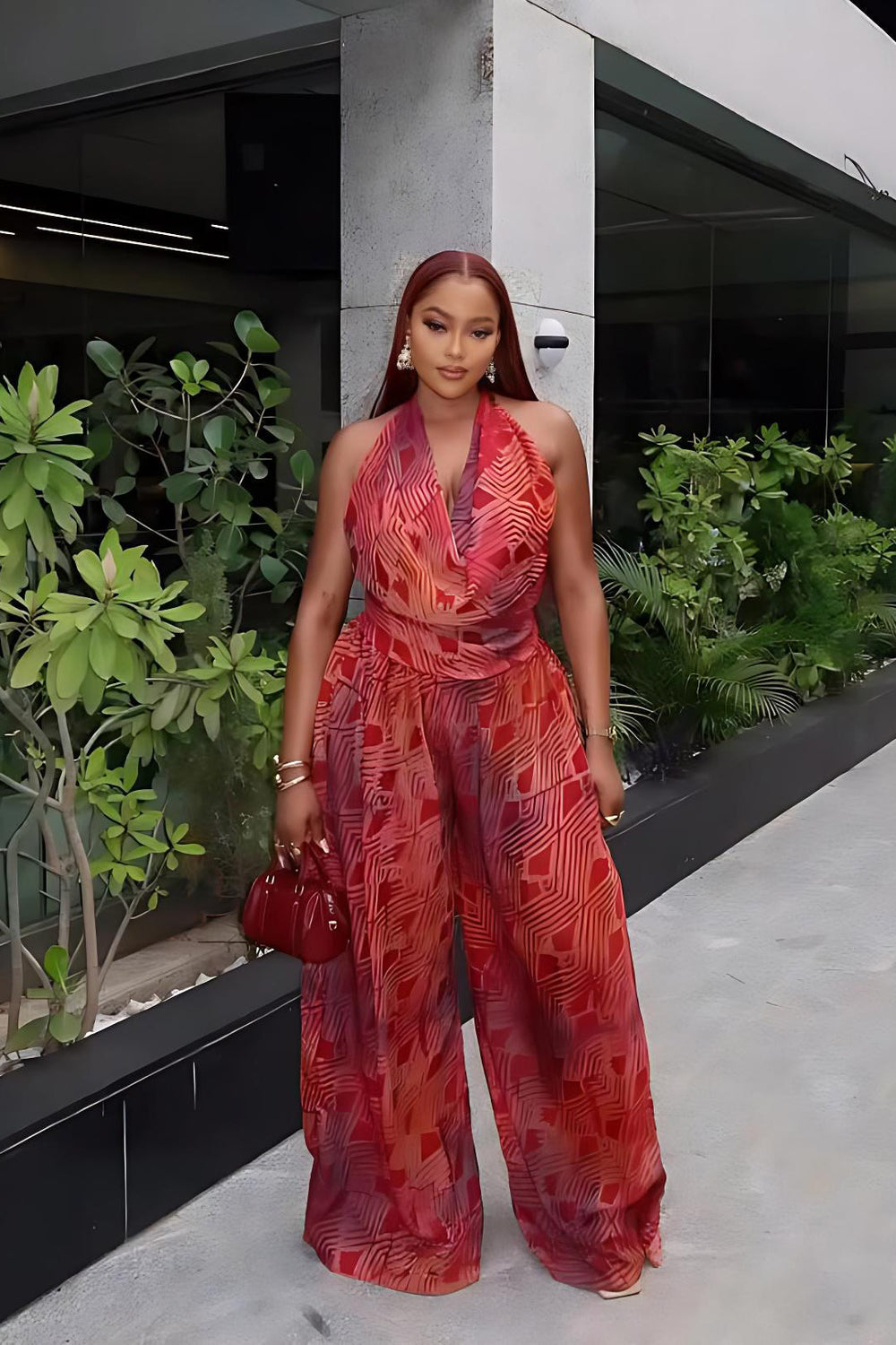 Fiery Geometric Print Halter Neck Pants Set