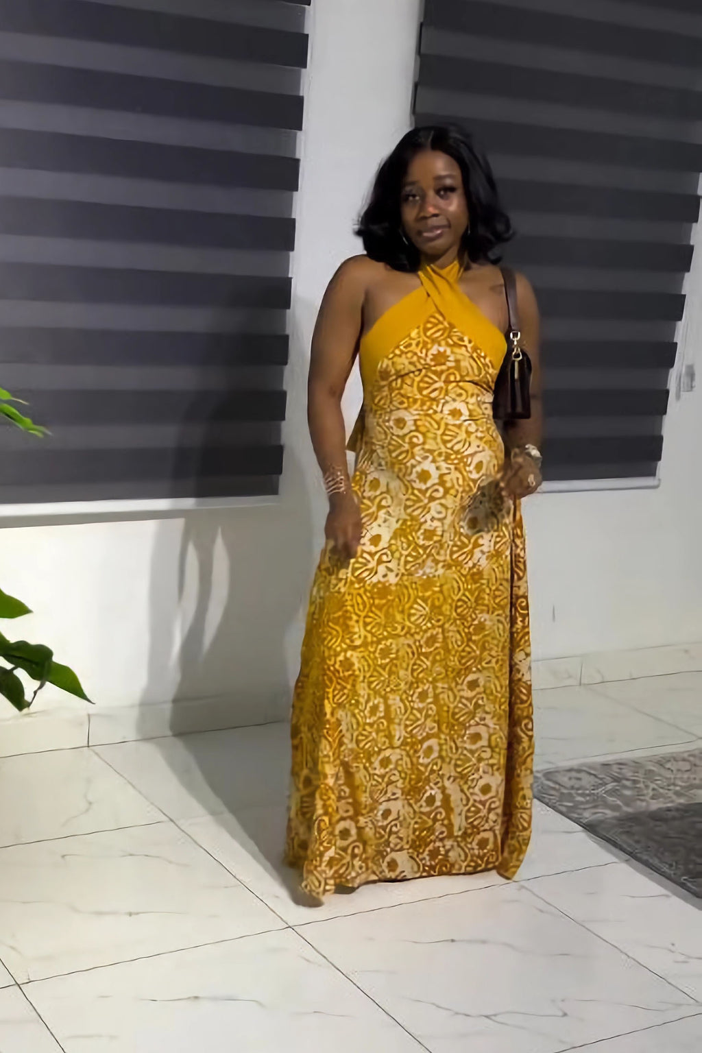 Mustard Yellow African Print Halter Neck Maxi Dress