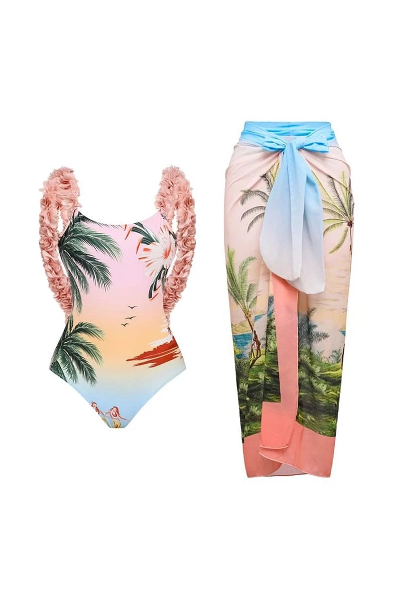 Coconut Tree Print Appliqu¨¦ One-Piece Swimsuit