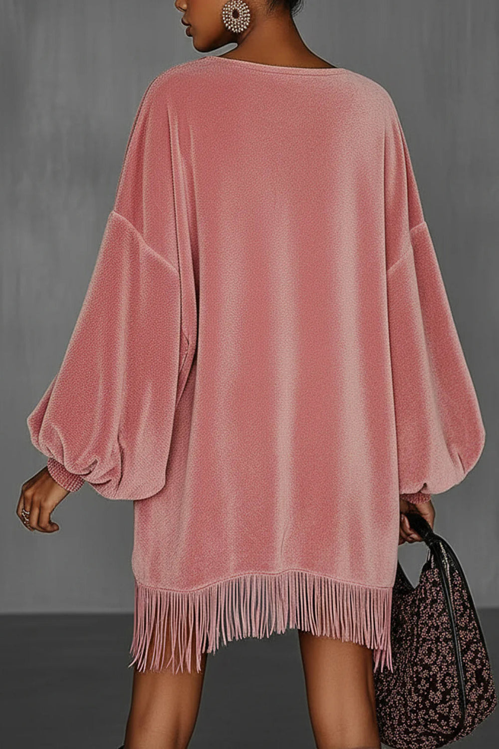 Oversized Pink Fringe Crew Neck Velvet Dress